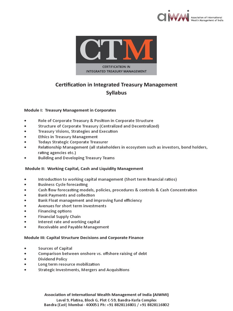 Certification in Integrated Treasury Management Syllabus | PDF ...