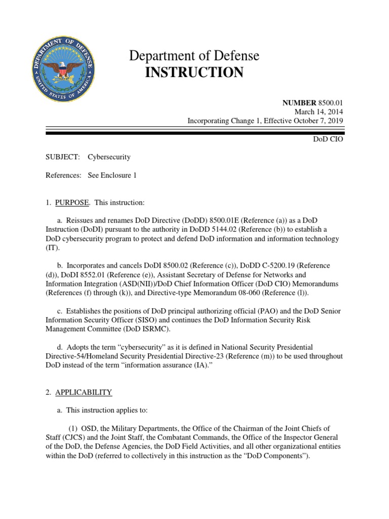 DoD Instruction 8500.01 Cybersecurity | PDF | United States Department ...
