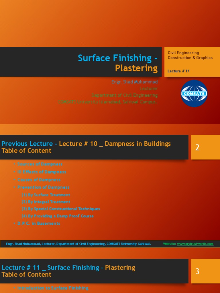 Lecture 11 Surface Finishing Plastering | PDF | Plaster | Lime (Material)