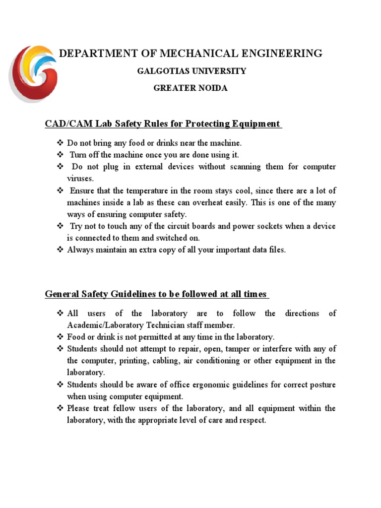 Department of Mechanical Engineering: CAD/CAM Lab Safety Rules For ...