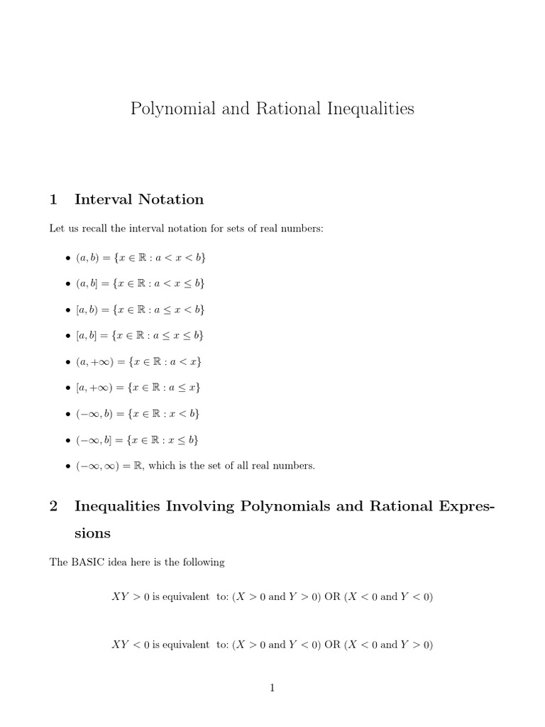 Polynomial and Rational Inequalities: 1 Interval Notation | PDF | Fraction (Mathematics ...