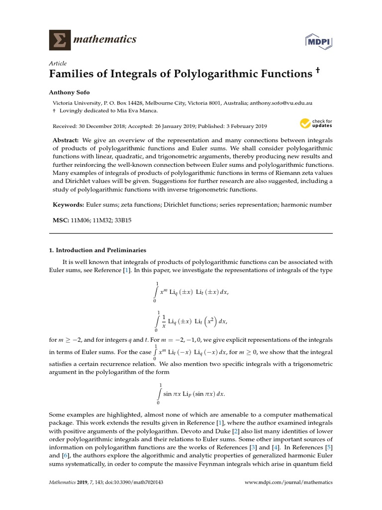Mathematics Families Of Integrals Of Polylogarithmic Functions Pdf Summation Integral