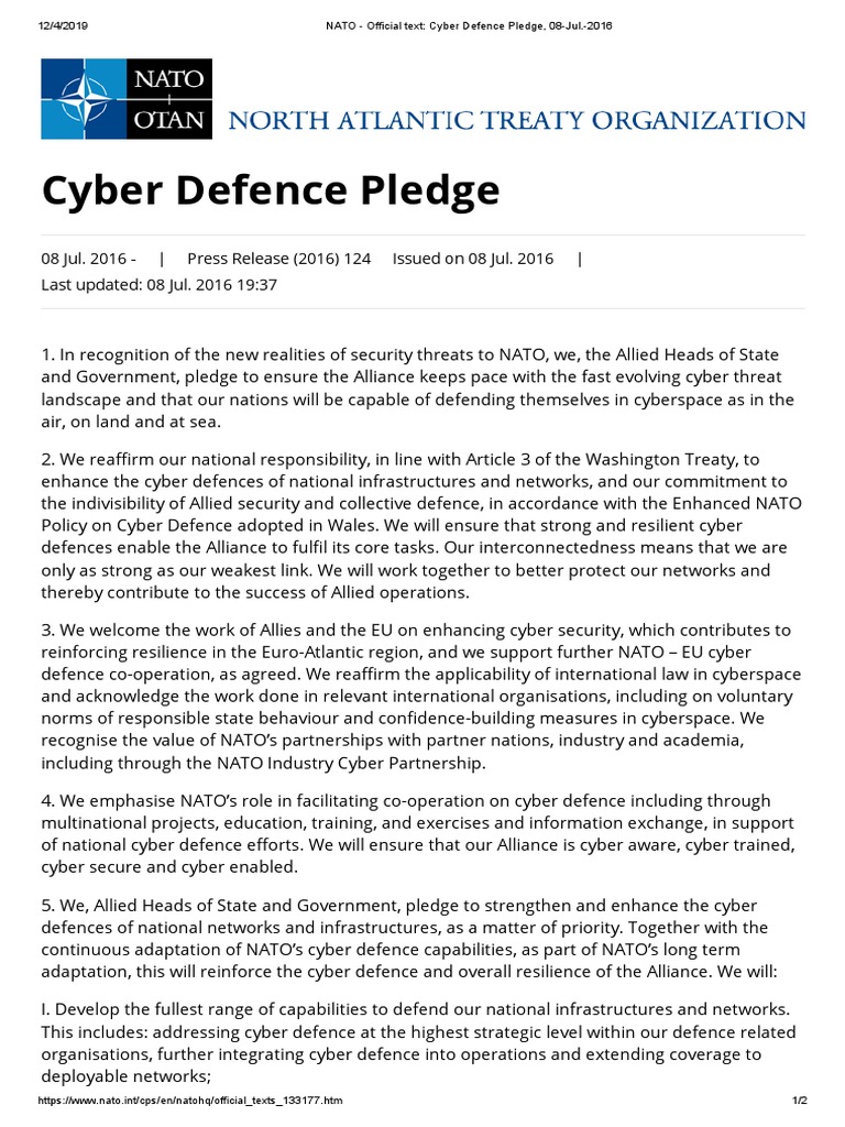 NATO Cyber Defence Pledge 2016 | PDF | Nato | Cyberwarfare