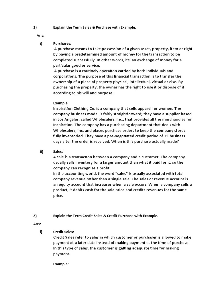 1) Explain The Term Sales & Purchase With Example | PDF | Financial ...