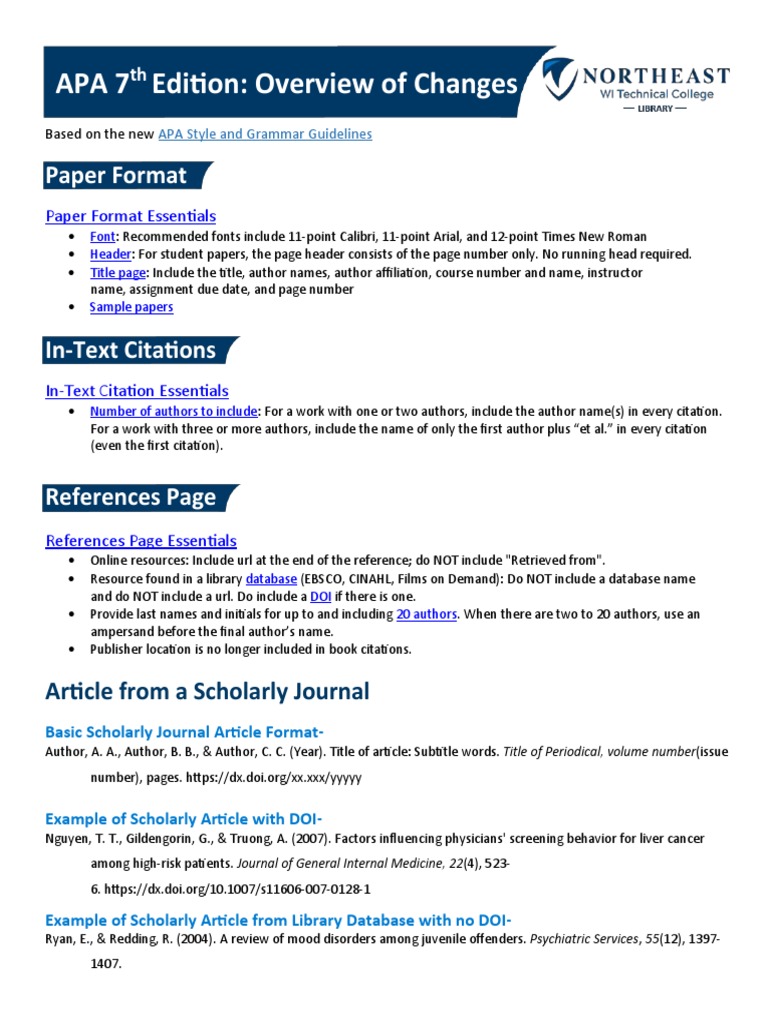 Apa 7 Edition: Overview of Changes: Paper Format | PDF | Digital Object ...