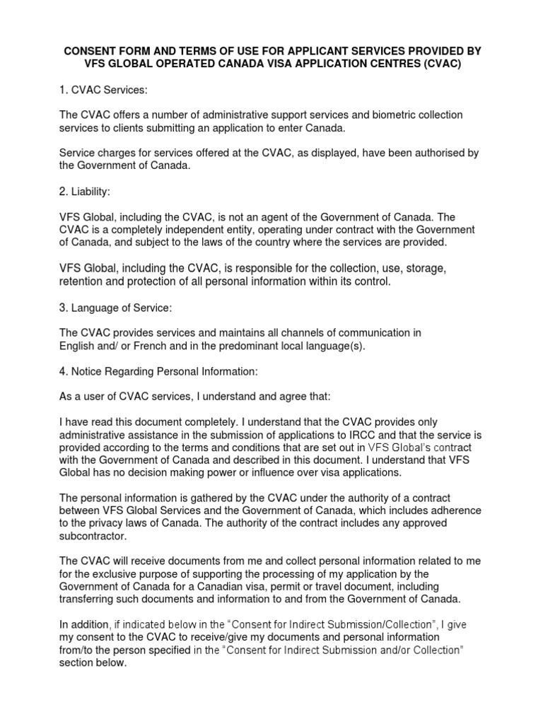 Consent Form and Terms of Use For Applicant Services Provided by Vfs ...