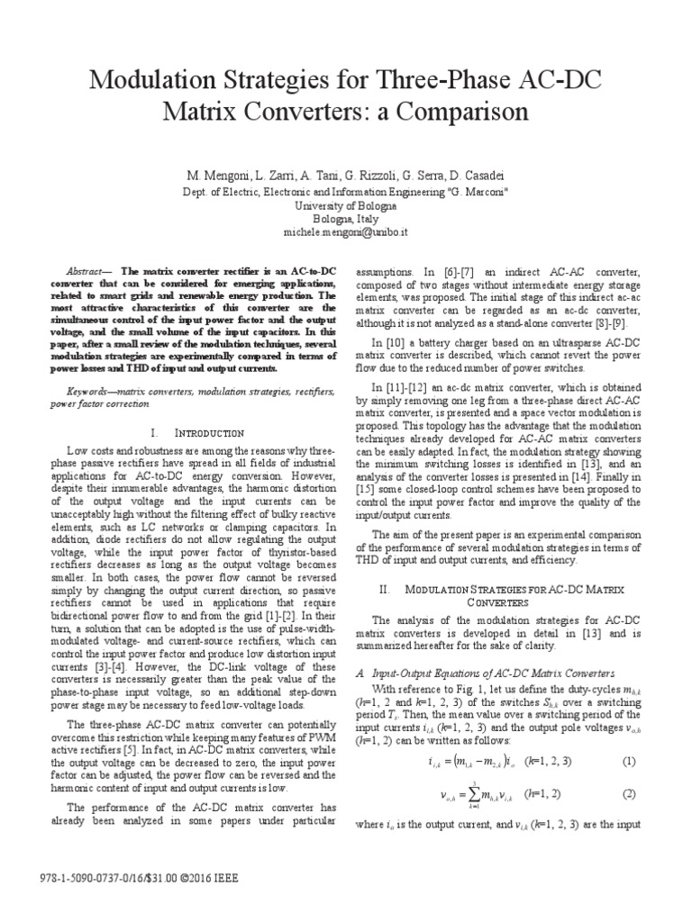 Modulation Strategies For Three Phase Ac Dc Matrix Converters A Comparison Pdf Rectifier