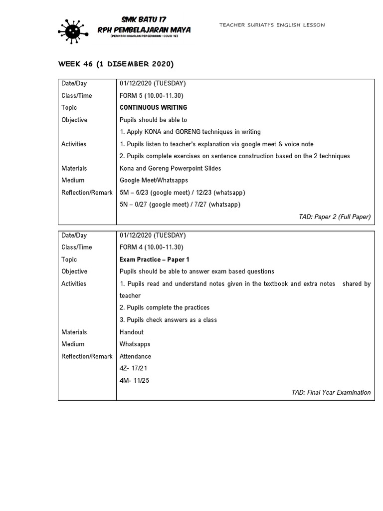 Teacher Suriati's English Lesson Plan | PDF | Language Arts ...