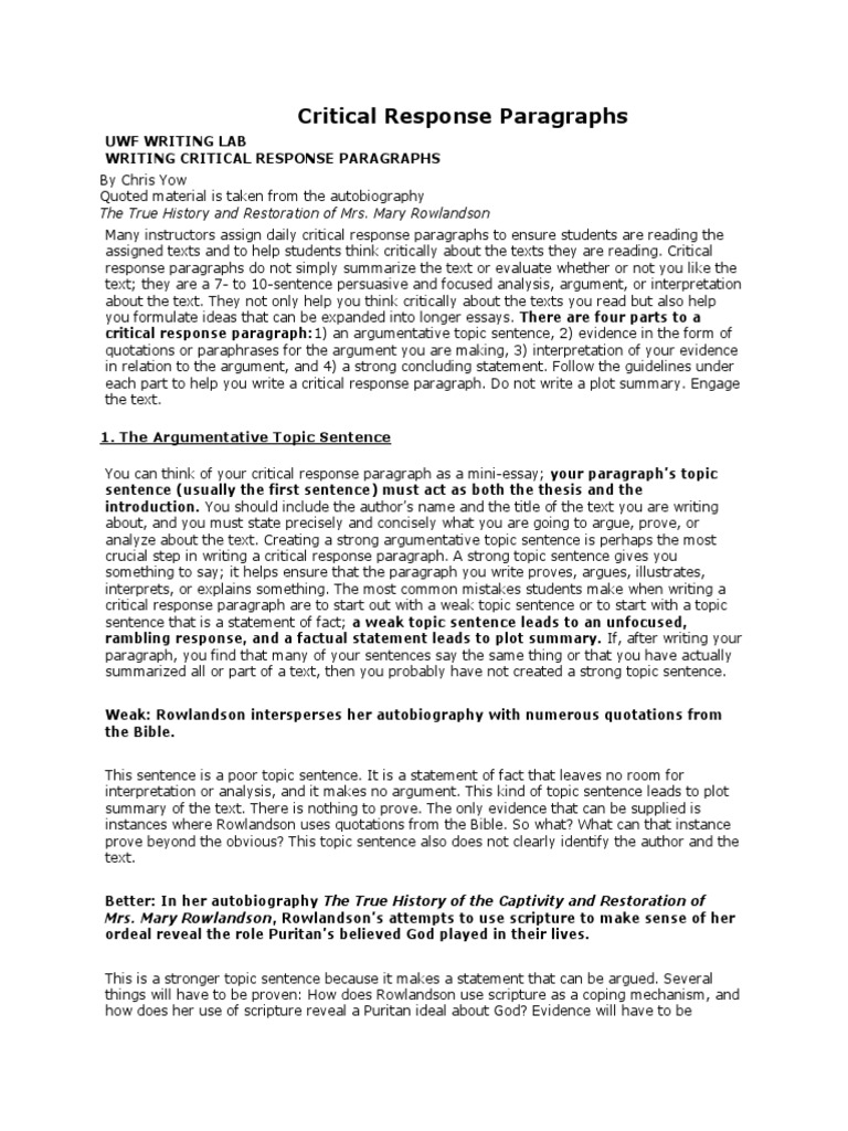 Critical Response Paragraphs | PDF | Essays | Paragraph