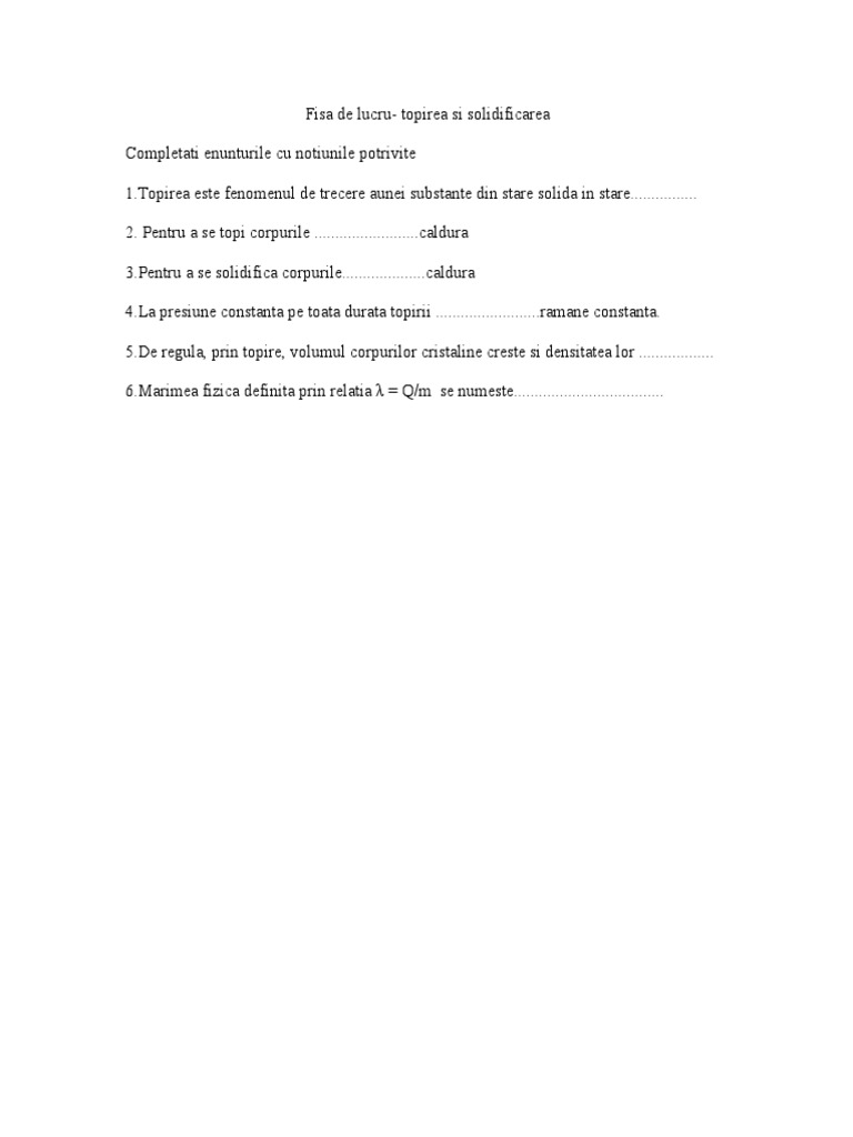 Fisa de Lucru Topirea Si Solidificarea | PDF