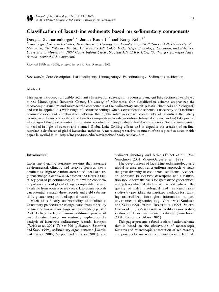 Classification of Lacustrine Sediments Based On Sedimentary Components ...