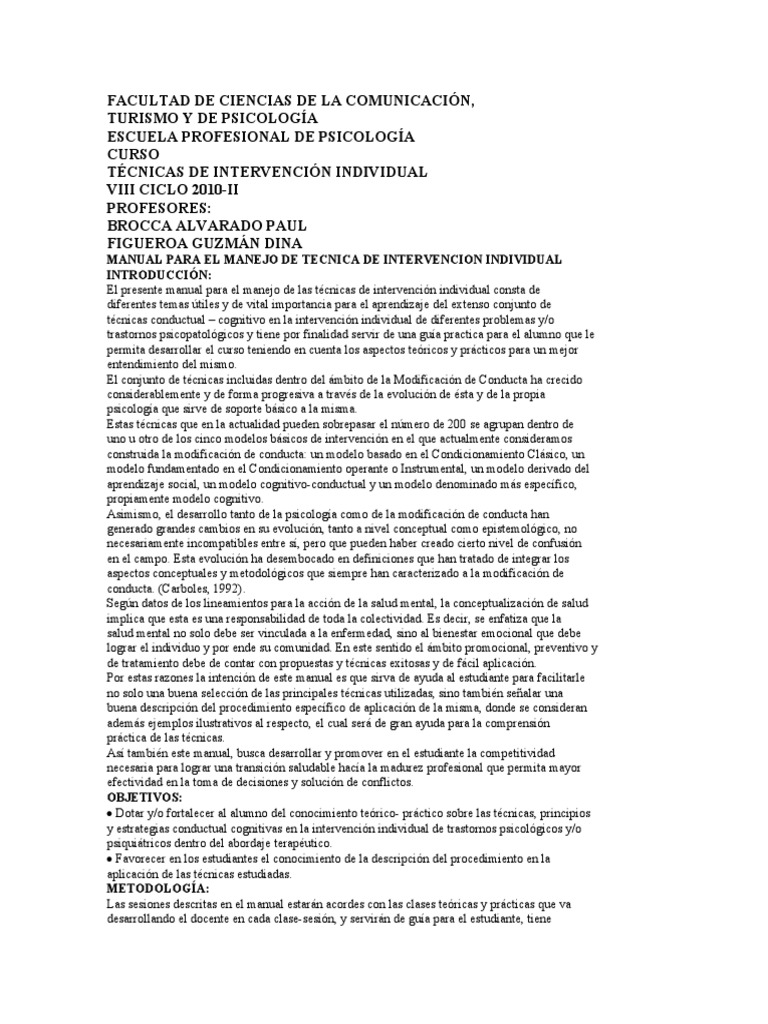 TÉCNICAS DE INTERVENCIÓN INDIVIDUAL | PDF | Terapia conductual ...