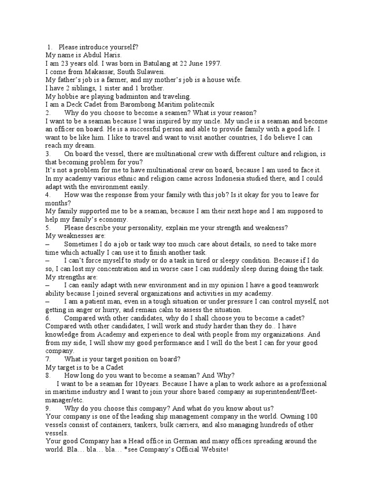 Contoh Interview | PDF | Sailor | Shipping
