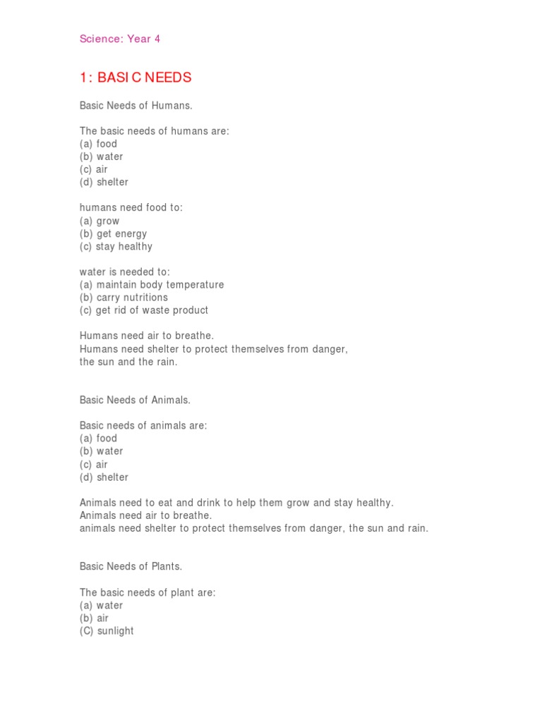 1: Basic Needs: Science: Year 4 | PDF