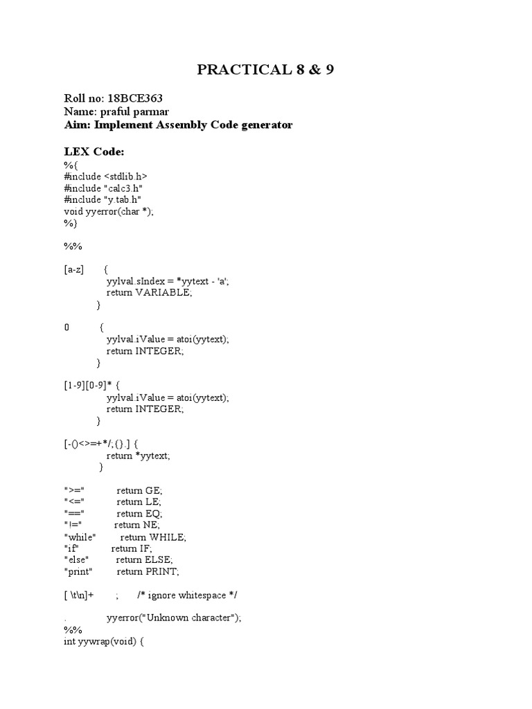 Assembly Code Generator: Implementation of a LEX and YACC Compiler for a Simple Calculator ...