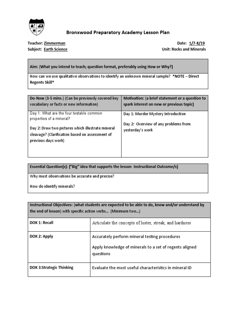 Earth Science Lesson Plan: Mineral Identification | PDF | Lesson Plan ...