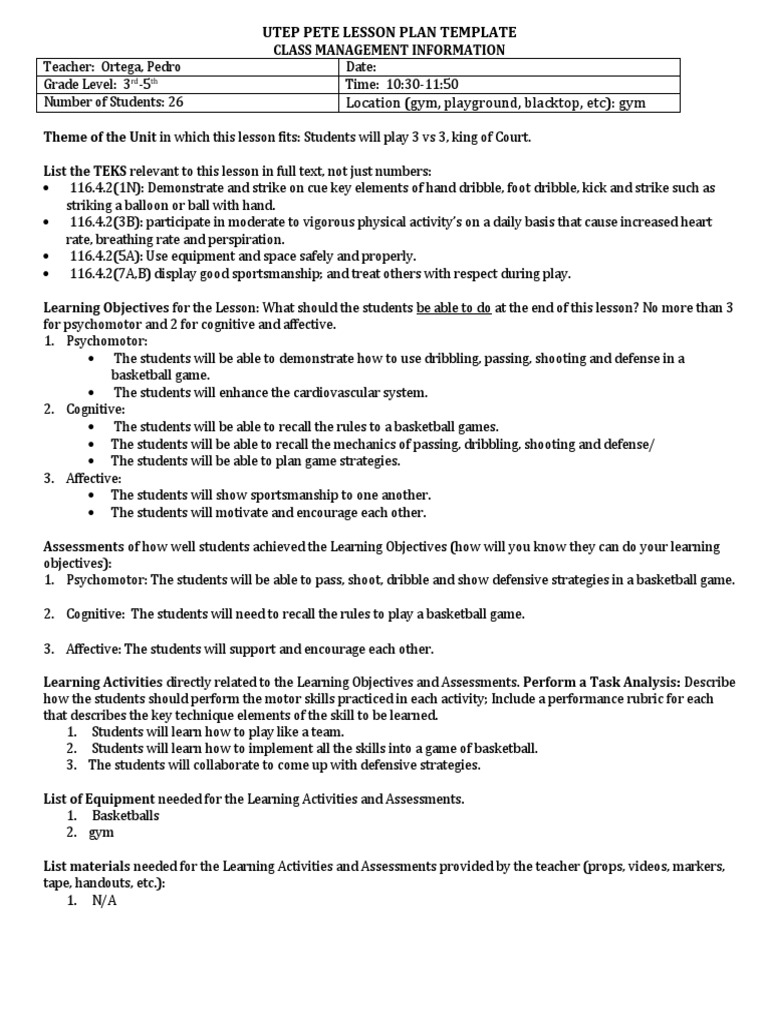 King of the Court Basketball Lesson Plan | PDF | Learning | Behavioural ...