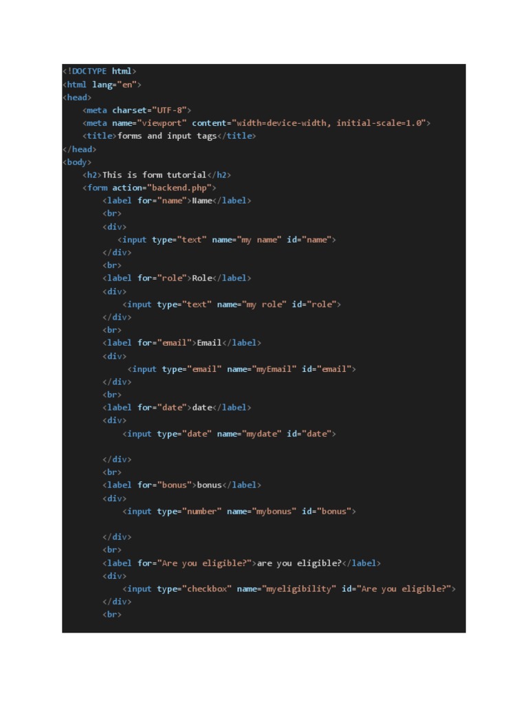 Forms and Input Tags: HTML Lang Charset Name Content | PDF