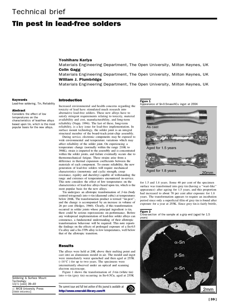 Tin Pest in Lead-Free Solders: Technical Brief | PDF | Solder | Tin