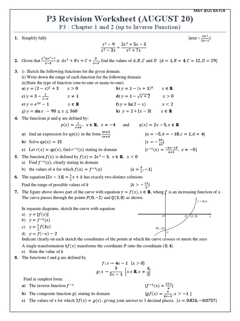P3 Revision Worksheet (AUGUST 20) : P3: Chapter 1 and 2 (Up To Inverse Function) | PDF ...
