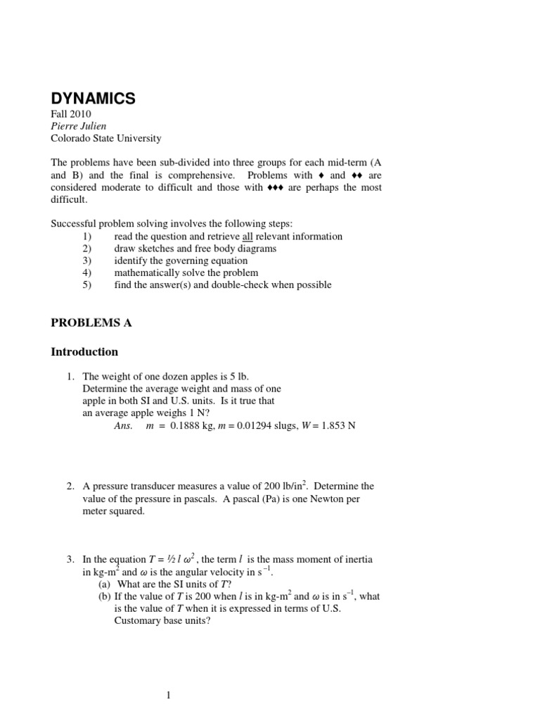 Engineering Dynamics Problems | PDF | Rotation Around A Fixed Axis ...
