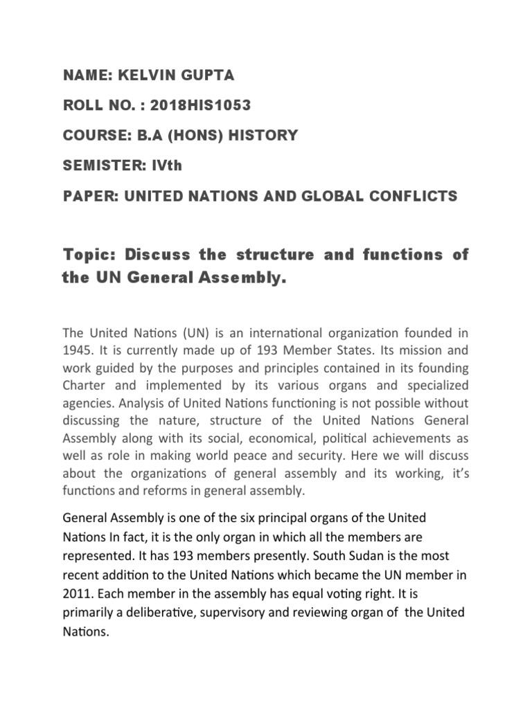 Topic: Discuss The Structure and Functions of The UN General Assembly ...