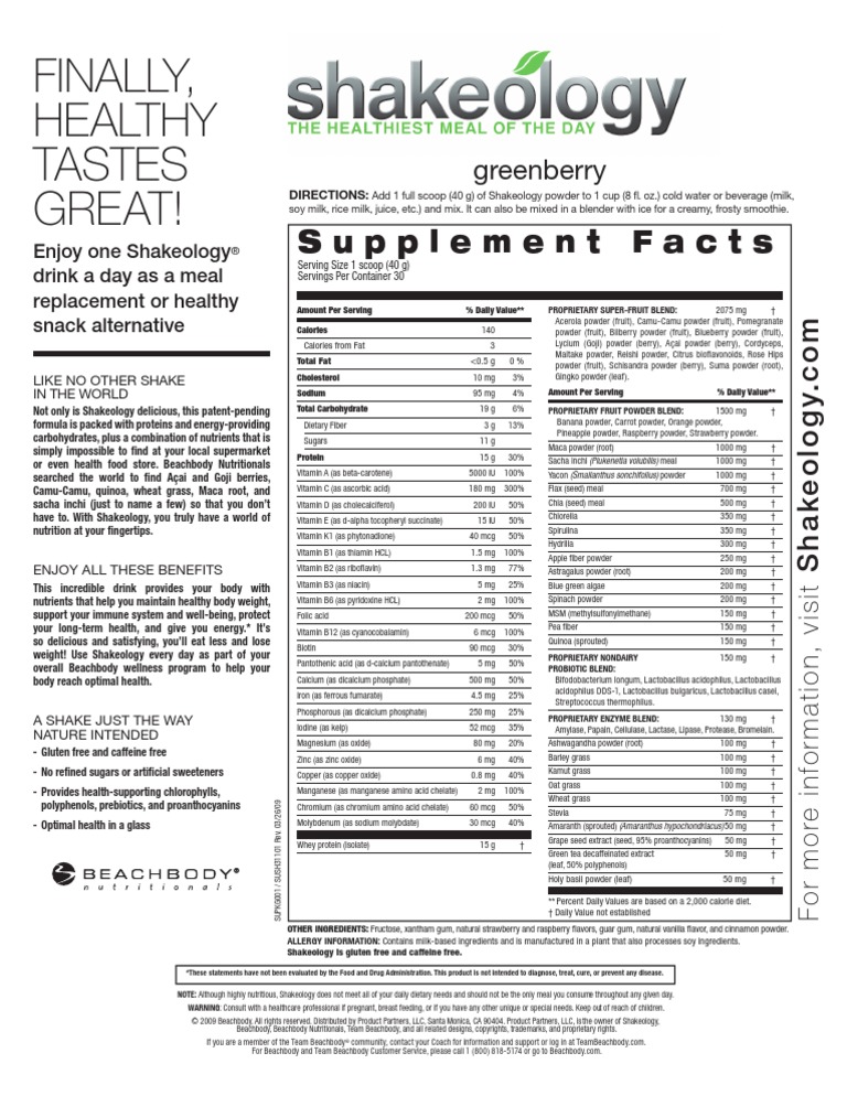 Shakeology Greenberry Ingredients Label | PDF