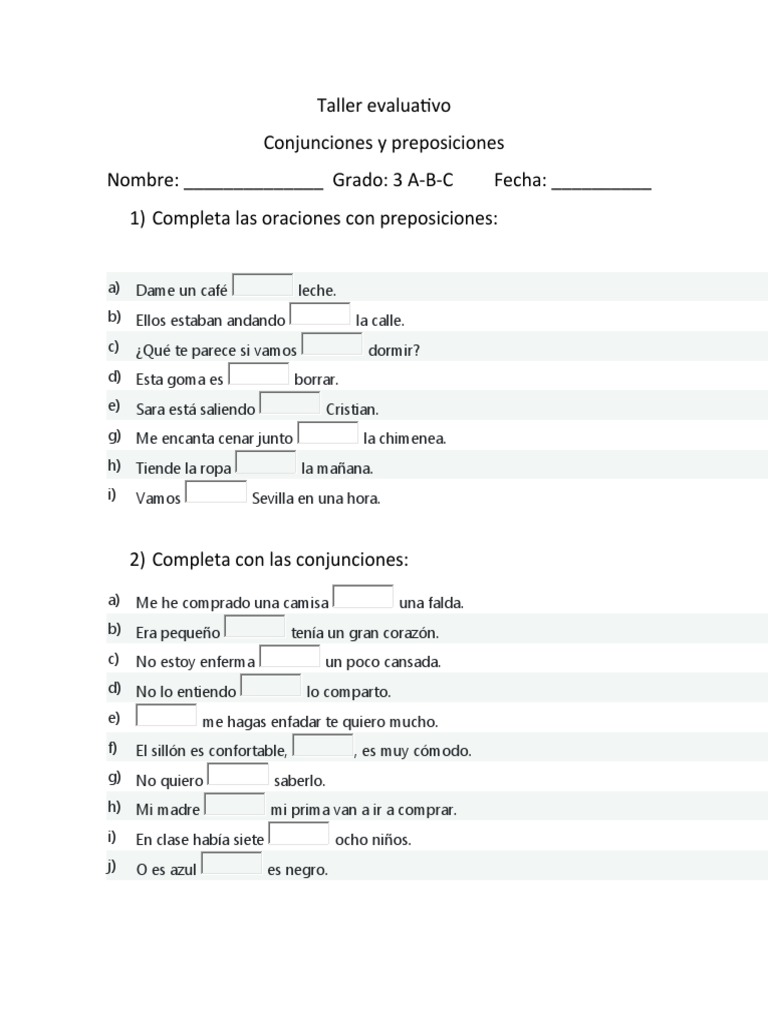 Taller Conjunciones Y Preposiciones Pdf