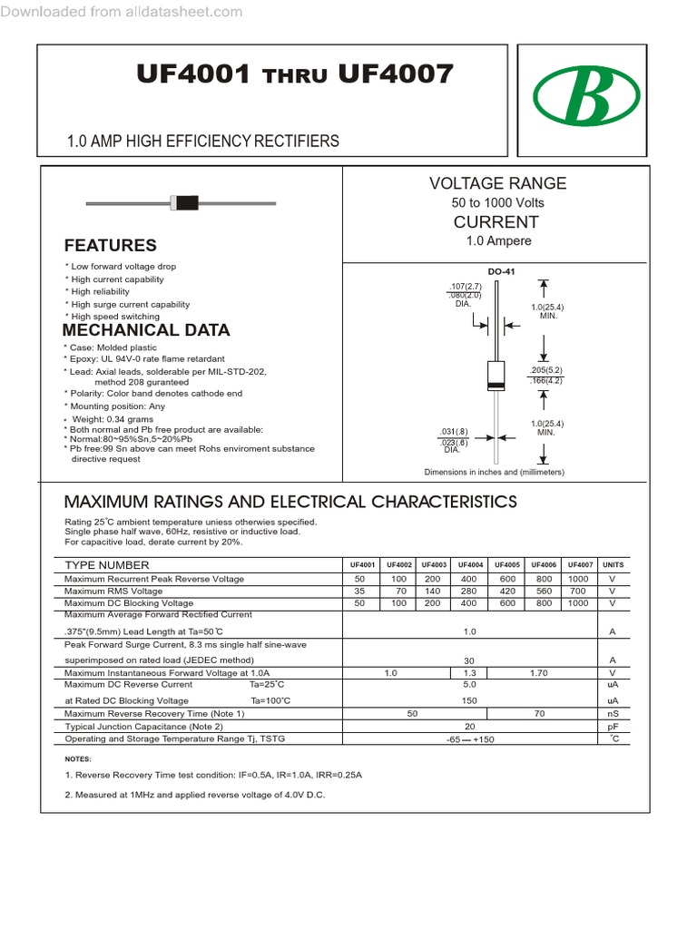 UF4001 UF4007: 1.0 Amp High Efficiency Rectifiers | PDF | Rectifier | Diode
