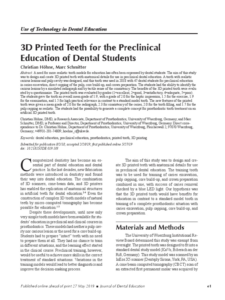 3D Printed Teeth for Dental Training | PDF | Dentistry | Human Tooth