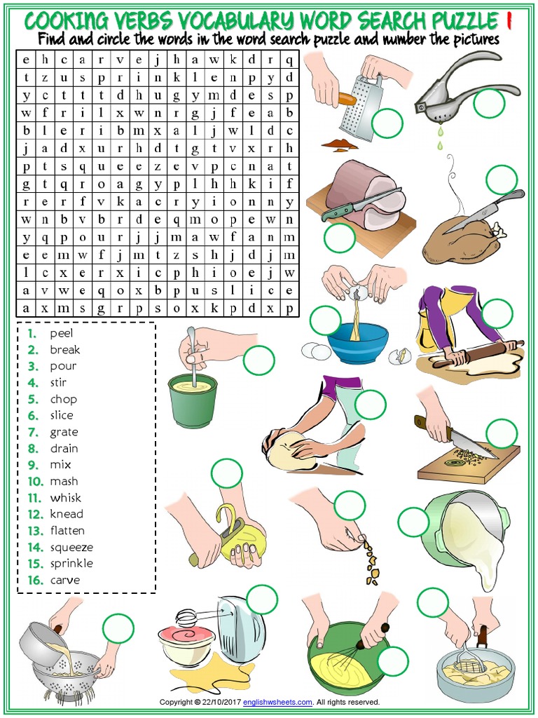 Cooking Verbs Vocabulary Esl Word Search Puzzle Worksheets For Kids PDF ...