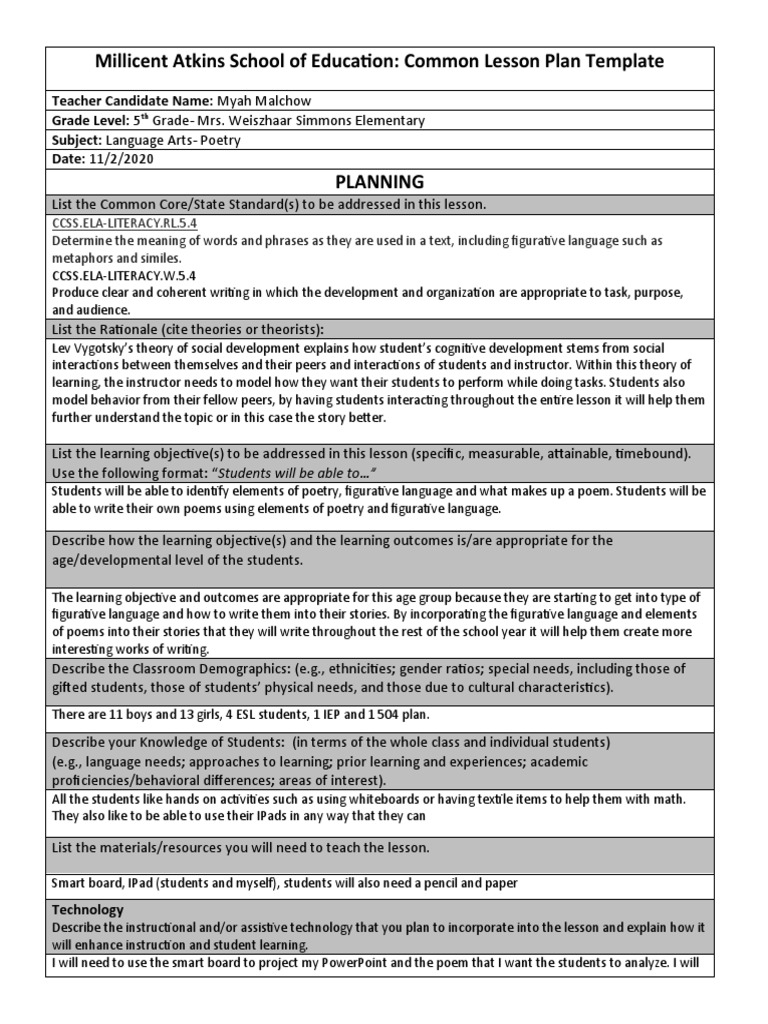 Millicent Atkins School of Education: Common Lesson Plan Template | PDF ...