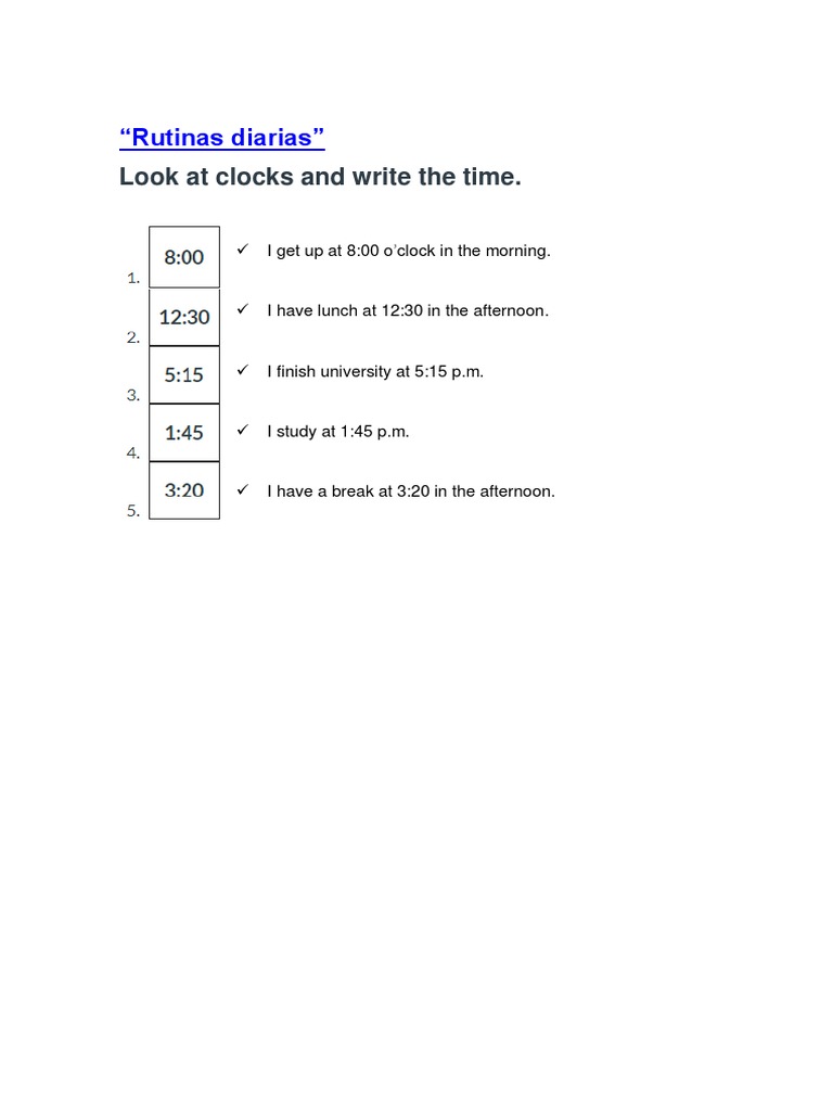 Look at Clocks and Write The Time.: "Rutinas Diarias" | PDF