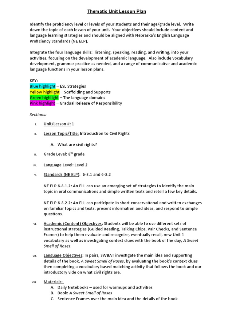 Thematic Unit Lesson Plan-Esl | PDF | Lesson Plan | Vocabulary