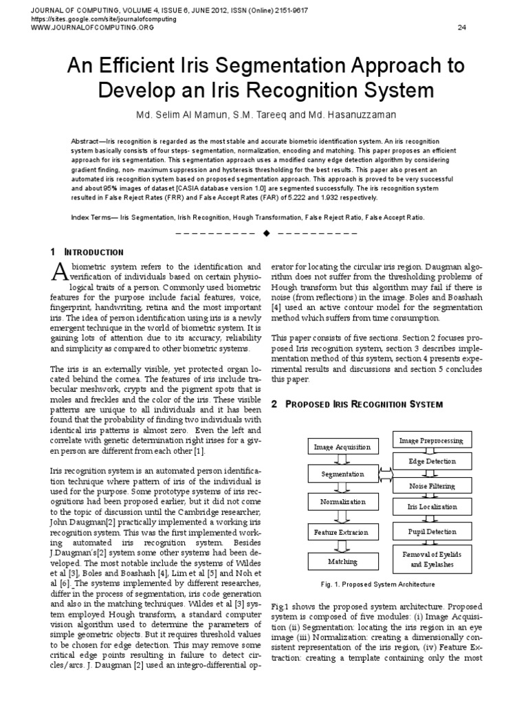 An Efficient Iris Segmentation Approach To Develop An Iris Recognition System | PDF | Image ...