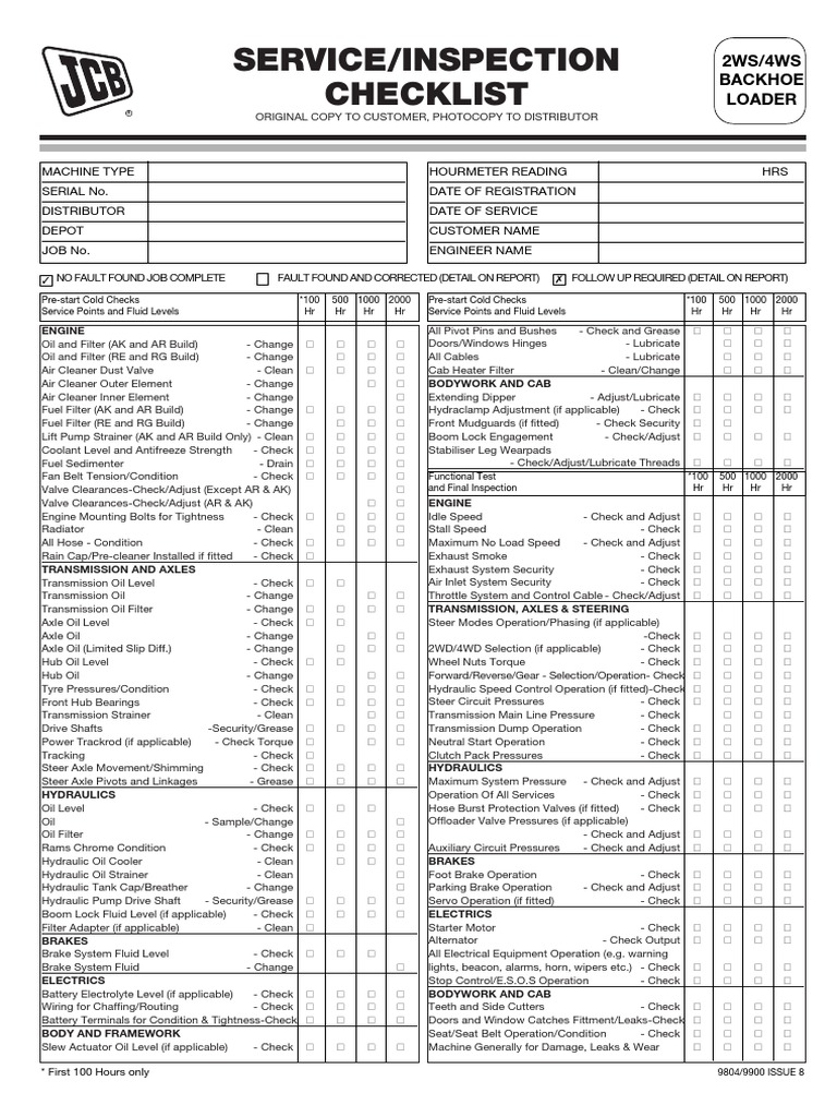 Service/Inspection Checklist: 2WS/4WS Backhoe Loader | PDF ...