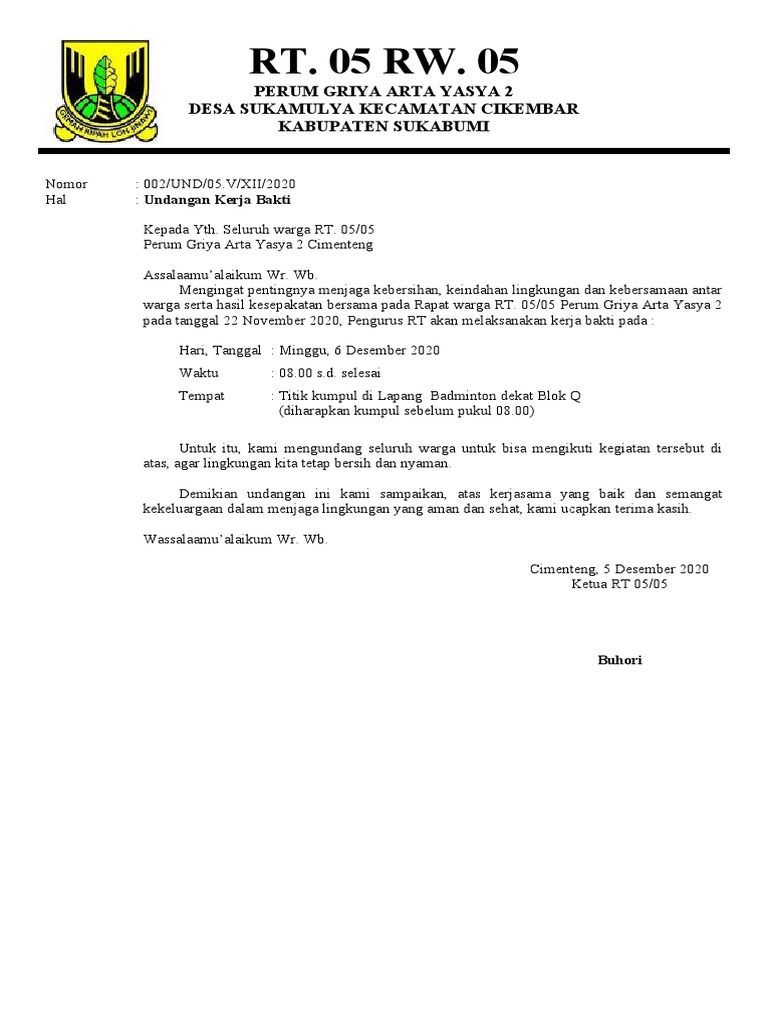 Contoh Surat Undangan Kerja Bakti RT | PDF