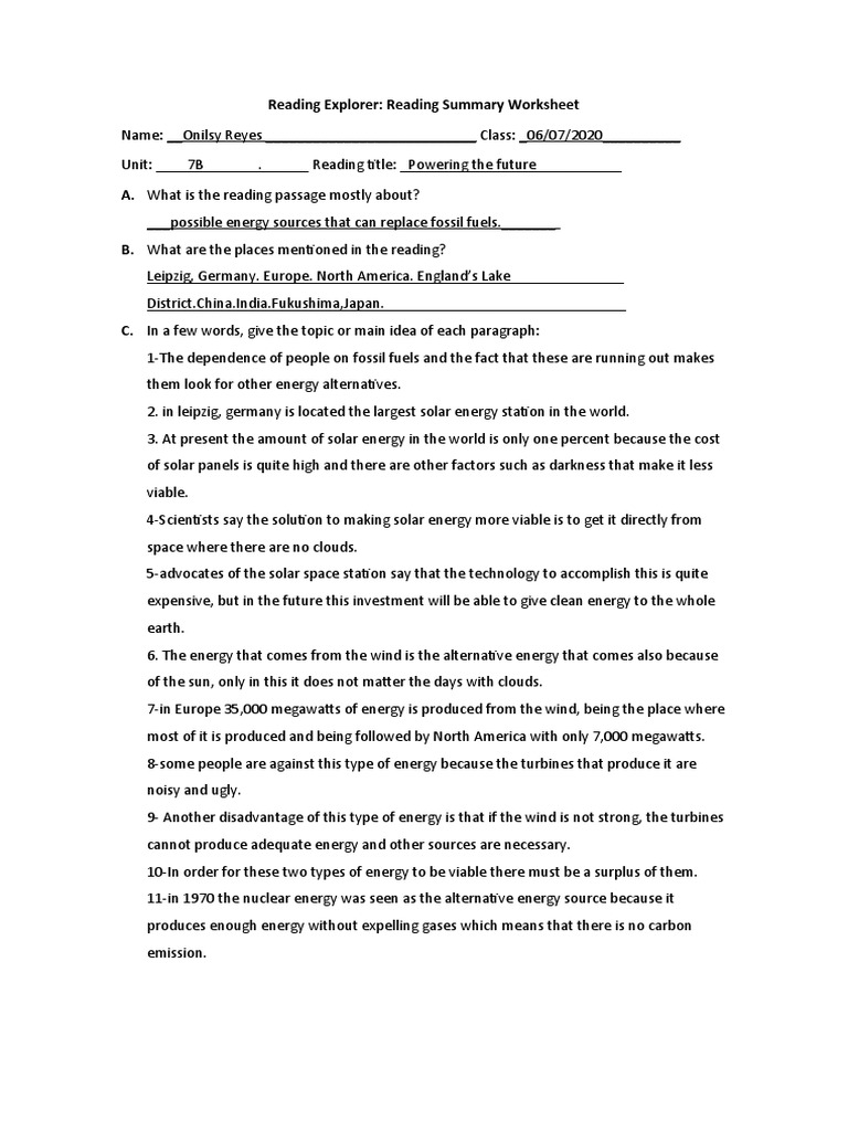 Reading Summary Worksheet (7b) | PDF | Energy Development | Solar Energy