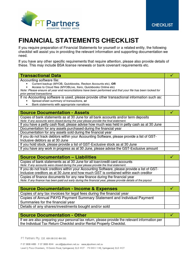 Financial Statements Checklist | PDF | Quick Books | Banks