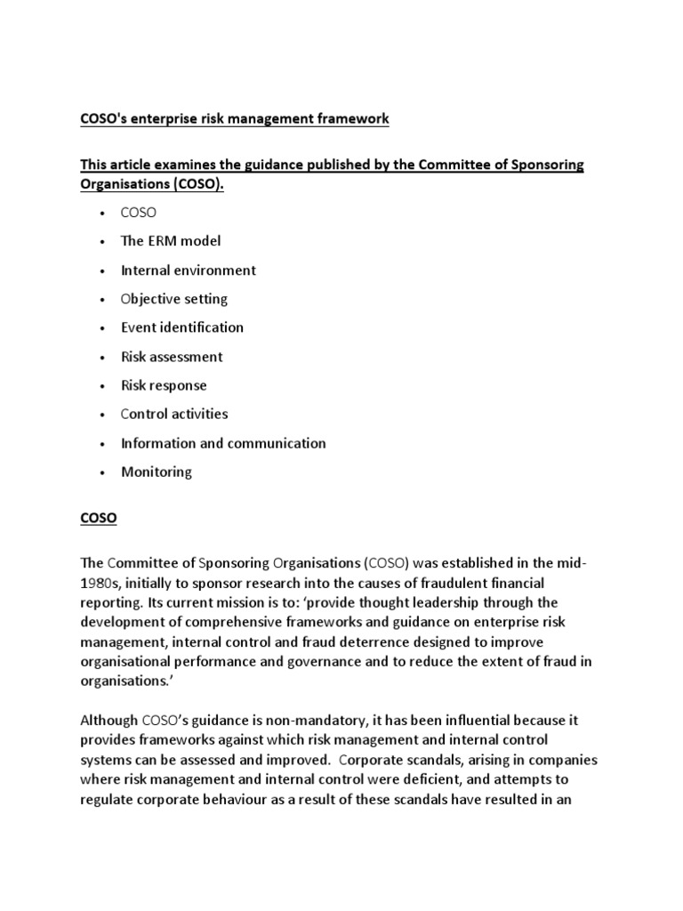 COSO's Enterprise Risk Management Framework This Article Examines The ...