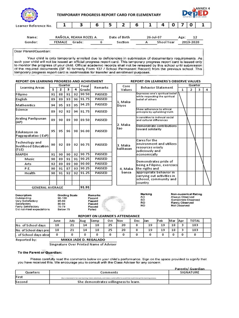 Temporary Progress Report Card For Elementary | Download Free PDF ...