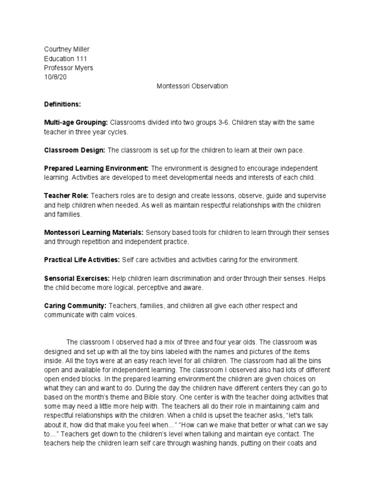 Montessori Observation 1 | PDF | Montessori Education | Classroom