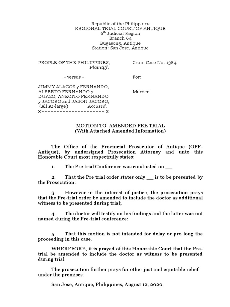 Amend Pre Trial Order | PDF