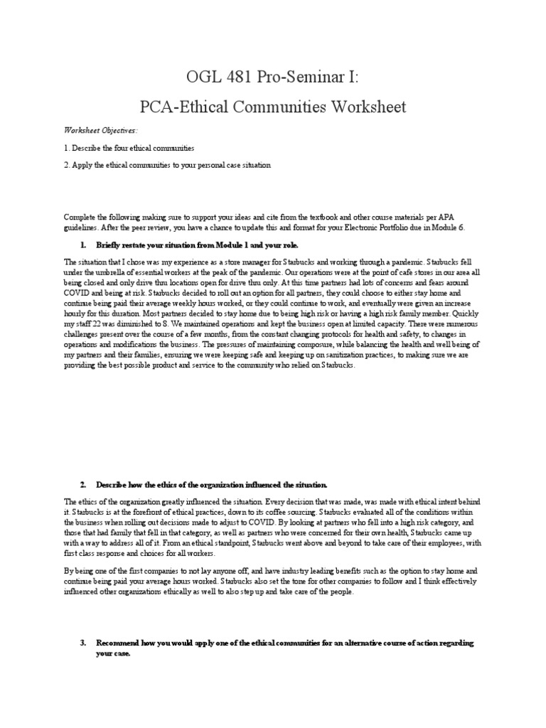 OGL 481 Pro-Seminar I: PCA-Ethical Communities Worksheet | PDF ...