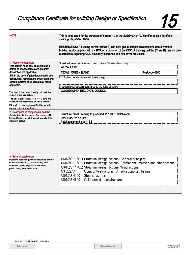 Compliance Certificate For Building Design or Specification | PDF ...
