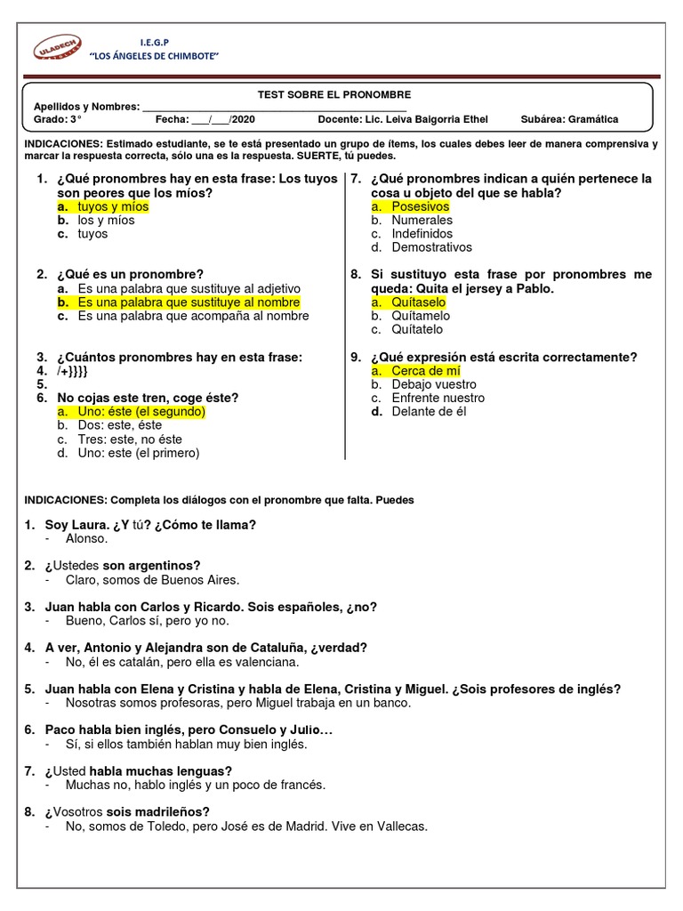 Práctica Test Sobre El Pronombre 3° 2020 | PDF | Pronombre | Morfología ...