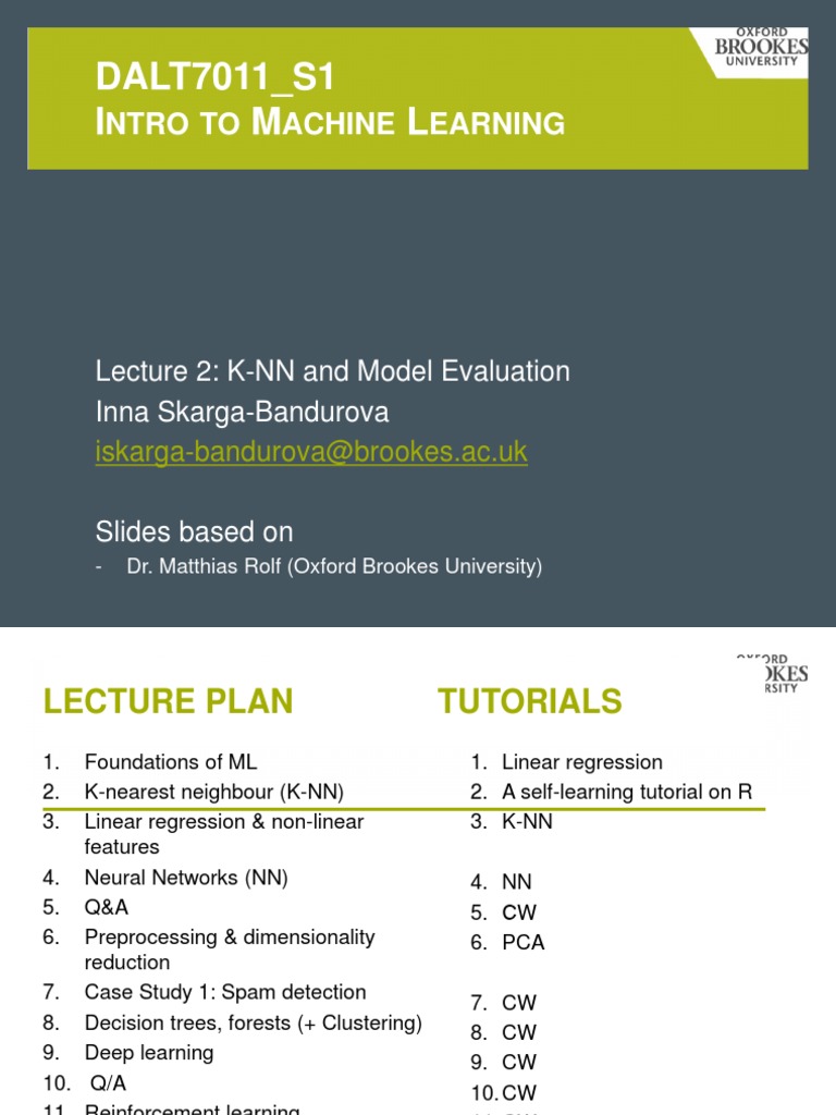Lecture Week 2 KNN and Model Evaluation PDF | PDF | Receiver Operating ...