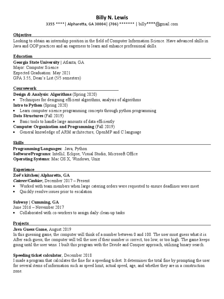 Billy Lewis Unit7 Resume | PDF | Computers