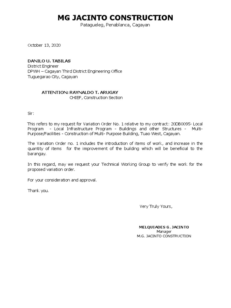 Request for Variation Order No. 1 | PDF