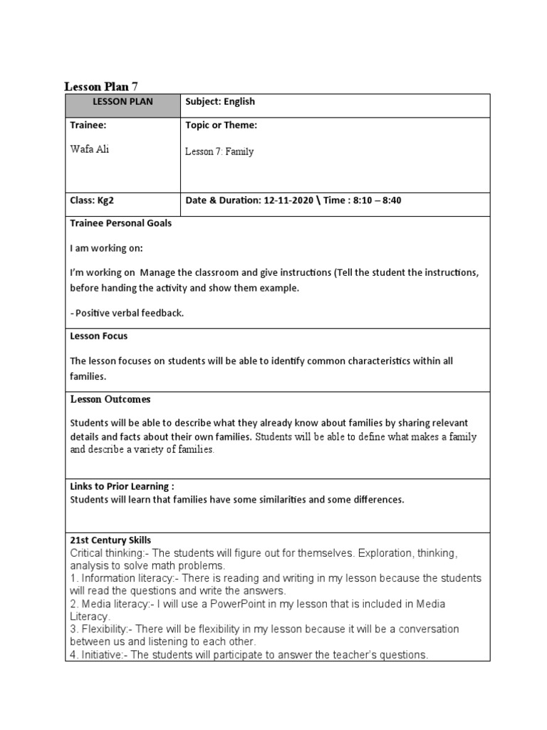 Lesson Plan 7 KG Online | PDF | Lesson Plan | Literacy